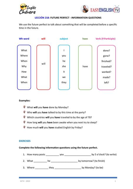 LECCIÓN 218 FUTURE PERFECT INFORMATION QUESTIONS E | ANGELA | uDocz