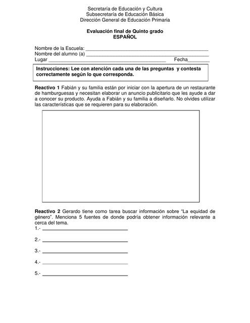 5 evaluacion 5 grado examen 1 | patricia | uDocz