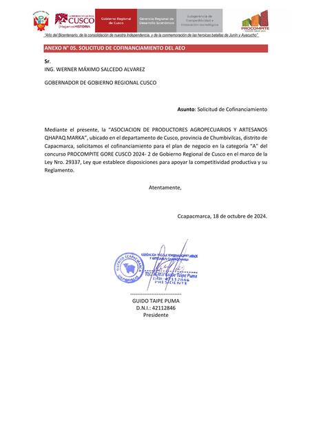 ANEXO N 05 SOLICITUD DE COFINANCIAMIENTO DEL AEO | willian quispe sota ...