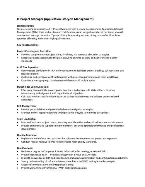 IT Project Manager Application Lifecycle Managemen | qwerty | uDocz