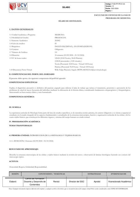 Silabo HISTOLOGÍA | ELVIS ALEXANDER | uDocz