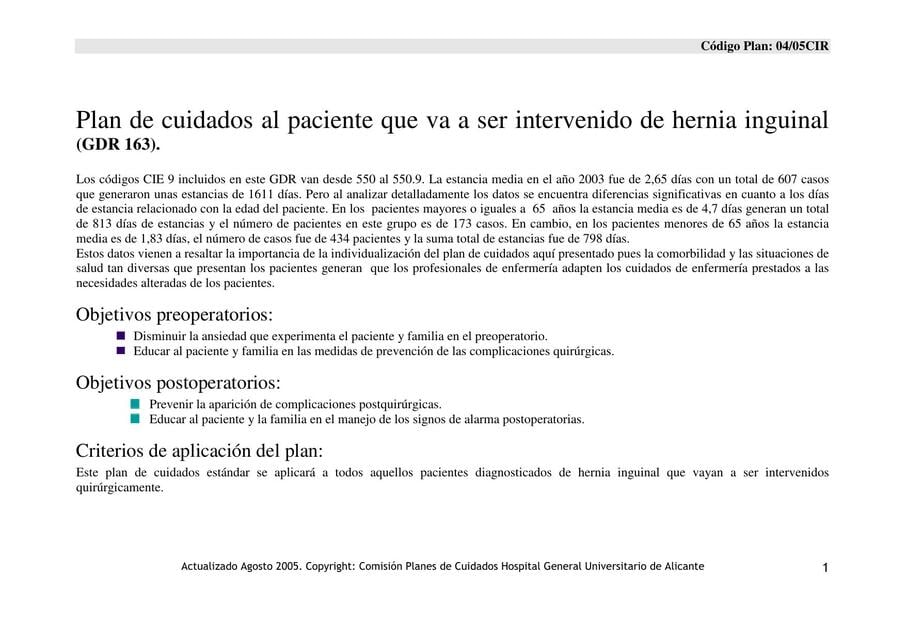 Plan de cuidados al paciente con hernia inguinal | Lucia | uDocz