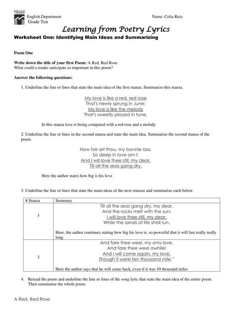 Identifying Main Ideas and Summarizing poem lyrics | CELIA ESTHER | uDocz