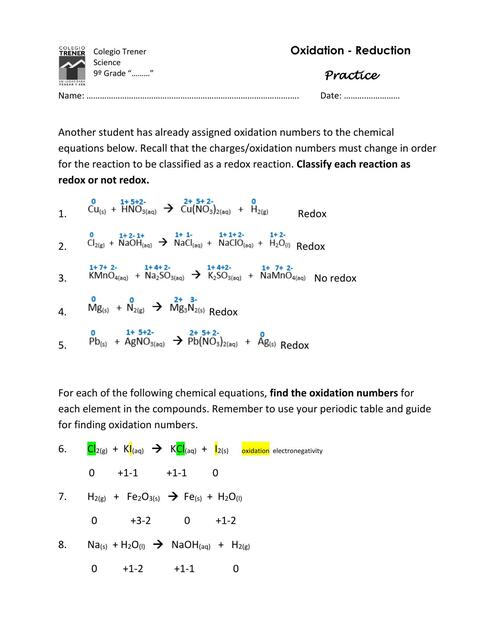 Oxidation Reduction Practice | CELIA ESTHER | uDocz