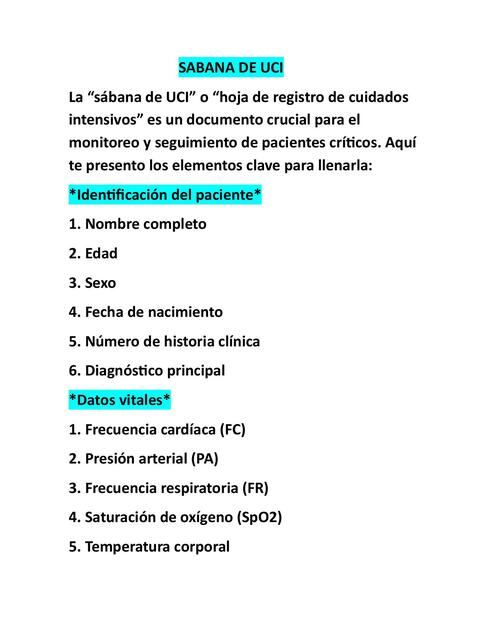 LLENADO DE LA SABANA DE UCI | Aura Ester Peréz Rada | uDocz