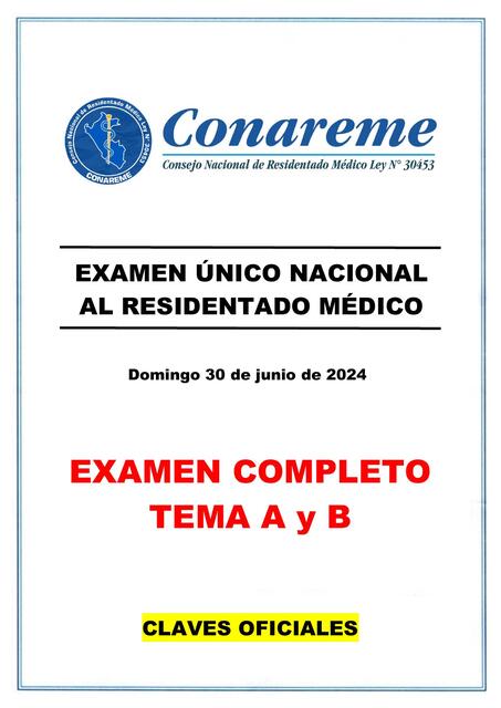EXAMEN RESIDENTADO MÉDICO COMPLETO CONAREME CLAVES | MEDICSTORE | uDocz