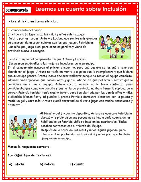 Ficha Com 14 11 Leemos Un Cuento Sobre Inclusión Felicitas Udocz