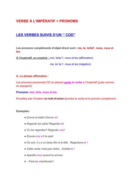 VERBE LIMPÉRATIF PRONOMS 1 | andrea | uDocz
