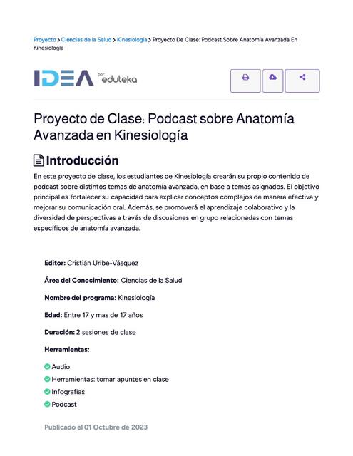 Proyecto De Clase Podcast Sobre Anatomía Avanzada | Cristián Uribe | uDocz