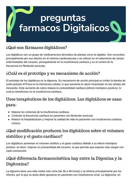 preguntas fármacos digitálicos | Dra. Batista | uDocz