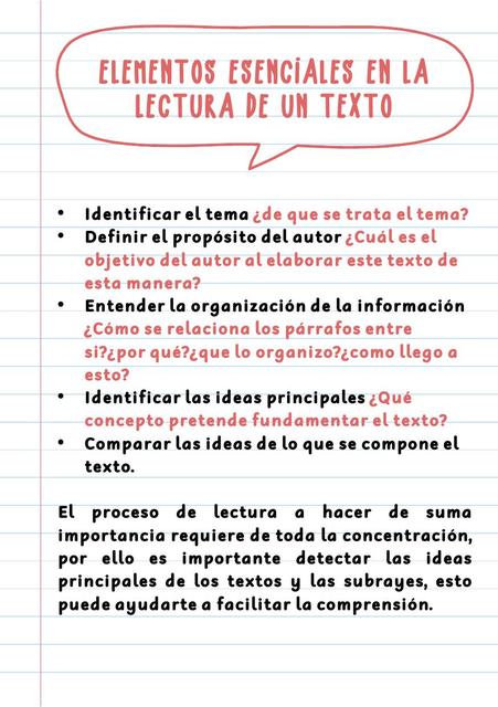 Elementos esecniales en la lectura de un texto