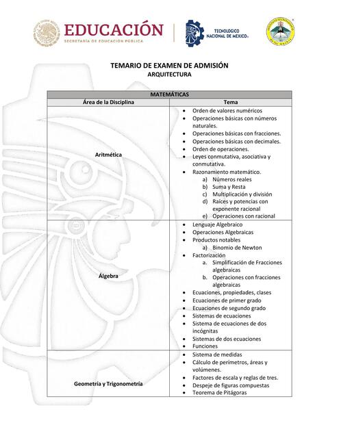 Arquitectura TEMARIO EXAMEN DE ADMISION | Eve | uDocz
