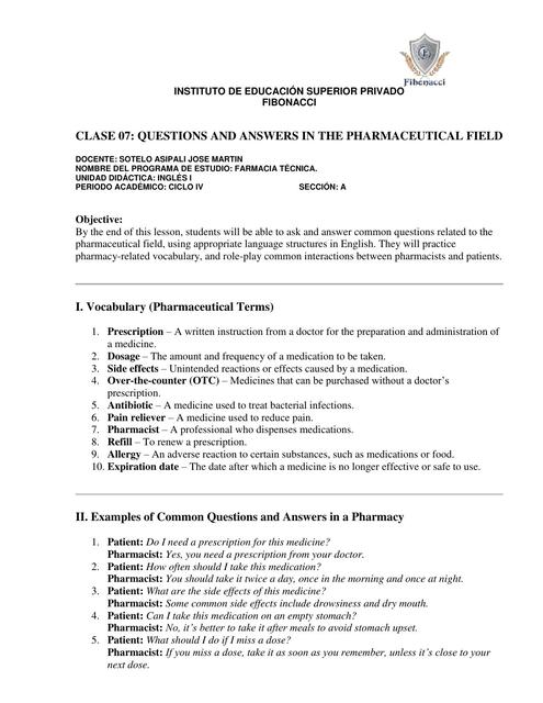 CLASE 07 INGLÉS I QUESTIONS AND ANSWERS IN THE PHA | Eva | uDocz