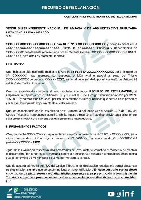 Modelo Recurso de Reclamacion Sunat | Luis E | uDocz