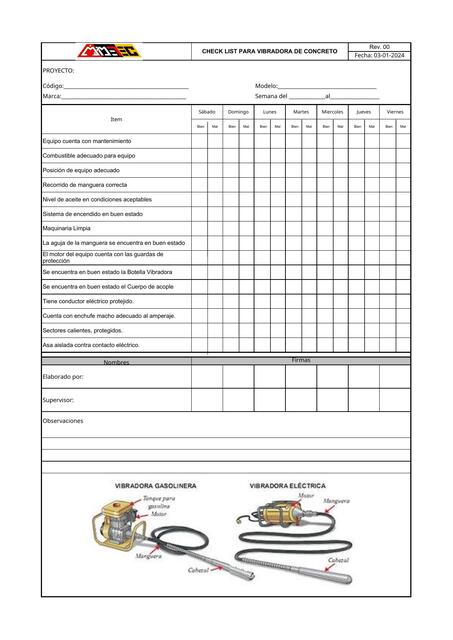 CHECK LIST VIBRADOR DE CONCRETO | Diego Guevara | uDocz