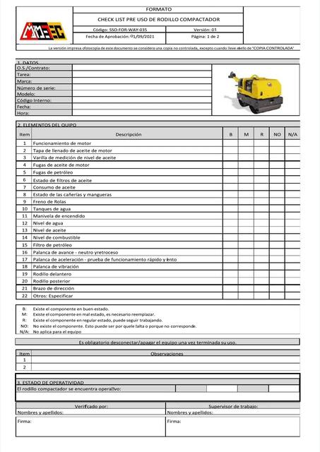 check list rodillo compactador | Diego Guevara | uDocz