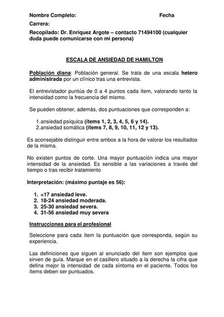 Escala De Ansiedad De Hamilton Escala De Ansiedad De Hamilton Nombre