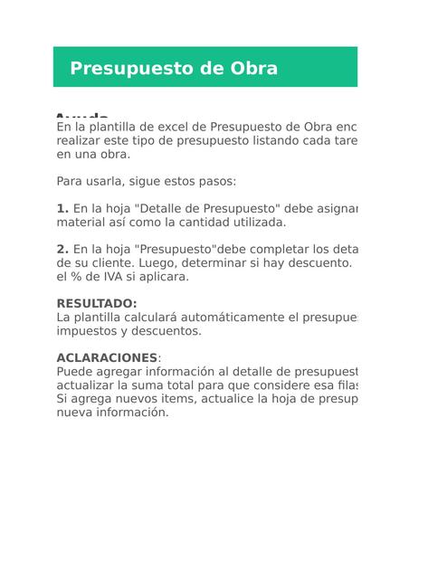 Planilla de excel para presupuesto de obra | uDocz creators | uDocz