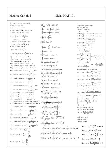 CALCULO I FORMULARIO DE REPASÓ | CCINGENIERIACC | uDocz