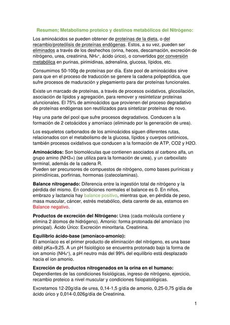 Resumen Metabolismo proteico y destinos metabólico | María | uDocz