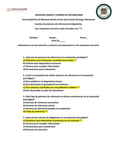 examen metabolismo 303 rquipo1 3pacral | Luz Lazo | uDocz