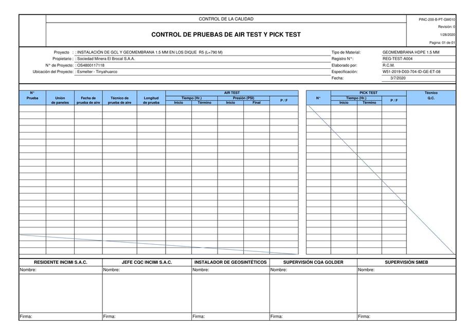 Control de pruebas de Air Test y Pick Test | Rolan CHAMORRO BERNACHEA ...