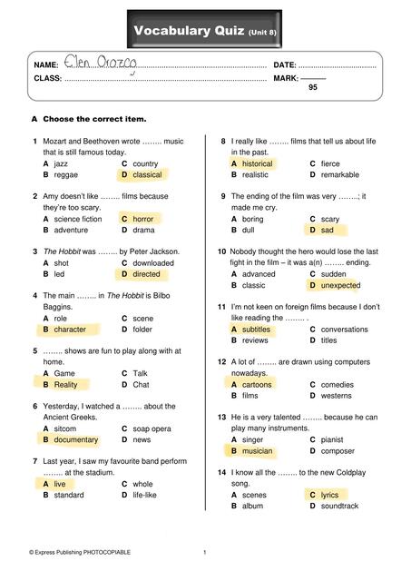 Vocabulary Quiz Unit 8 | elen | uDocz
