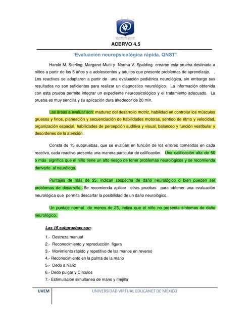 Evaluacion neuropsicologica rapida QNST TECNICAS D | ARELY GONZALEZ ...