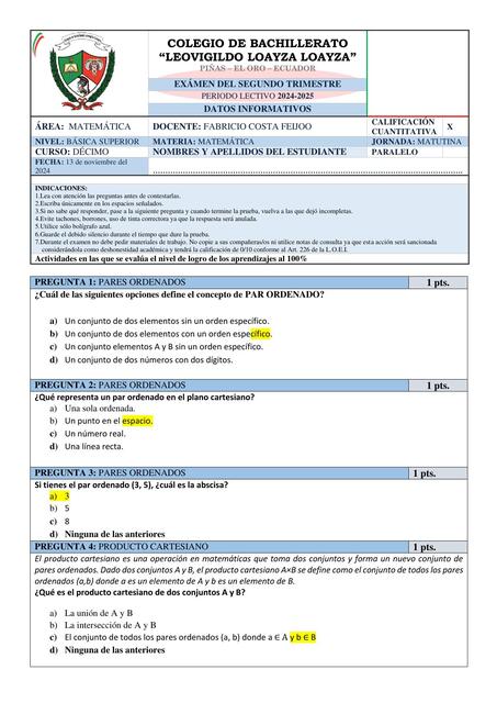 10MO EXAMEN SEGUNDO TRIMESTRE CUANTITATIVO | Hermini del carmen | uDocz