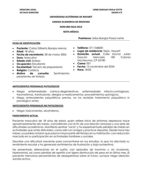NOTA MÉDICA DEPRESIÓN MEDICINA LEGAL | PAOLA IVETTE URIBE BARAJAS | uDocz