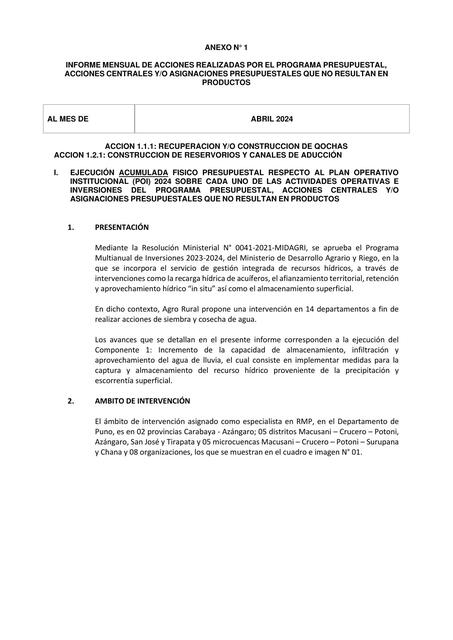 INFORME MES DE ABRIL ANEXO N 1 QOCHAS Y RESERVORIO | julio cesar | uDocz