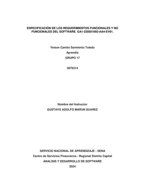 ESPECIFICACIÓN DE LOS REQUERIMIENTOS FUNCIONALES Y | Yeison Camilo | uDocz