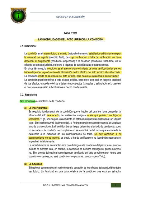 GUIA N 07 MODALIDADES DEL ACTO LA CONDICIÓN | Milene Chirito Panaspaico ...