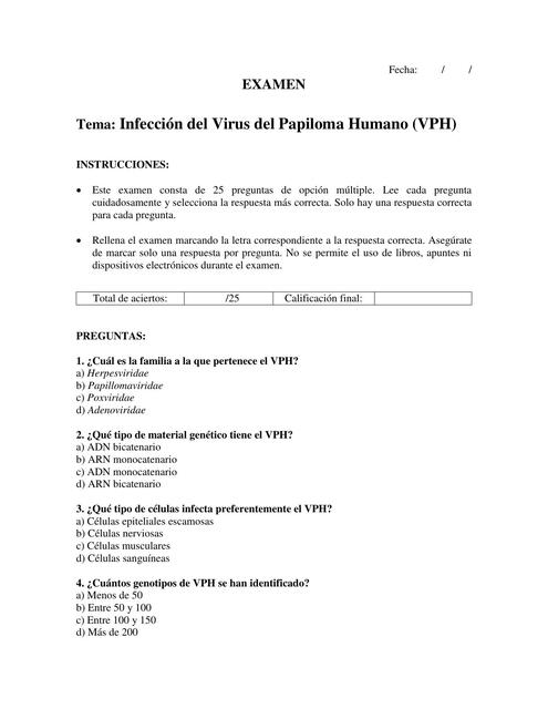 📝EXAMEN (Tipo test) 🌑 Infección del Virus del Papiloma Humano (VPH)🌑 ...