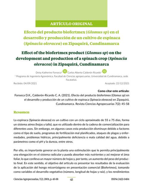Biofertmex espinaca | Tomas Leonardo Casas Urrego | uDocz