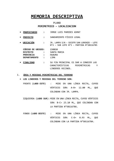 MEM DESCRIP JORGE PAREDES 1 1 | Jeam-marco Junior Vargas Espinoza | uDocz