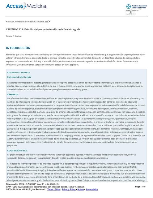 CAPÍTULO 122 Estudio del paciente febril con infec | Cecilia | uDocz