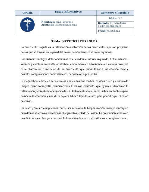 Diverticulitis Aguda RESUMEN | Luis Loachamin | uDocz Diverticulitis Aguda RESUMEN | Luis Loachamin | uDocz