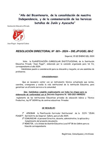 PLANIFICACIÓN CURRICULAR INSTITUCIONAL JEAN PIAGET | Felix Bernabe ...