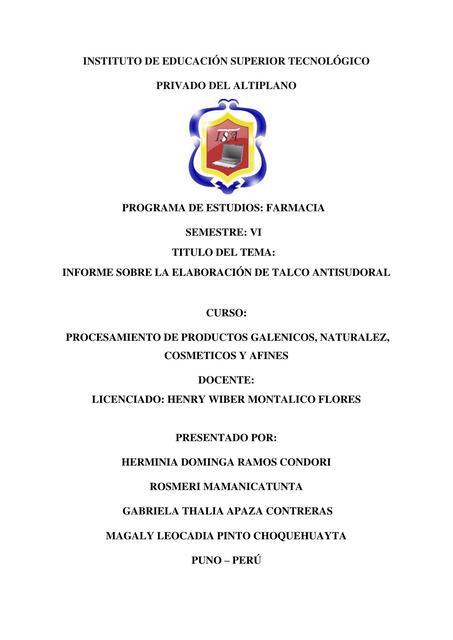 INFORME TALCO ANTISUDORAL 1 | Rosmeri Mamani | uDocz