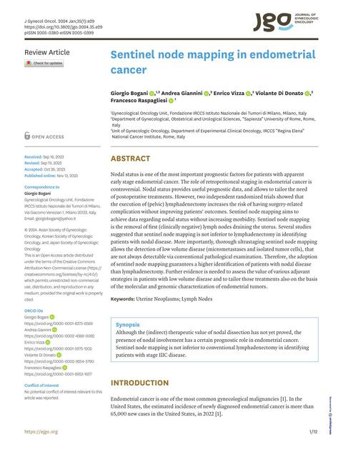 Sentinel Node Mapping In Endometrial Cancer Bogani Carlos Quintero Udocz
