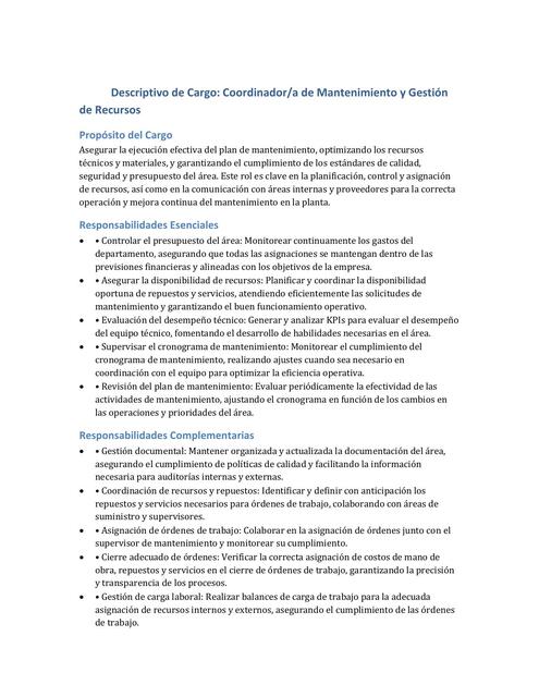 Descriptivo de Cargo Coordinador Mantenimiento | Valeria | uDocz