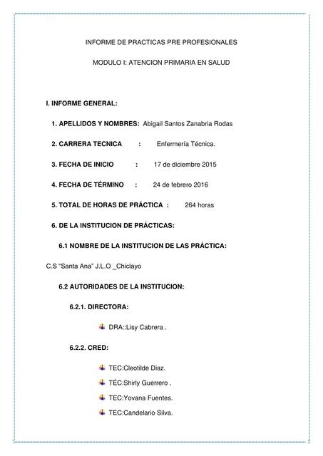 Informe de prácticas pre profesionales | Estudiante Medicina | uDocz