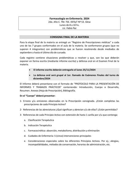 Farmacología en Enfermería CONSIGNA TP FINAL | Erika | uDocz