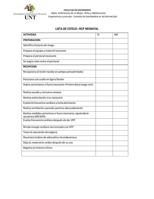 LISTA DE COTEJO RCP NEONATAL | ALEJANDRA VALERIA SAUNA VEGA | uDocz