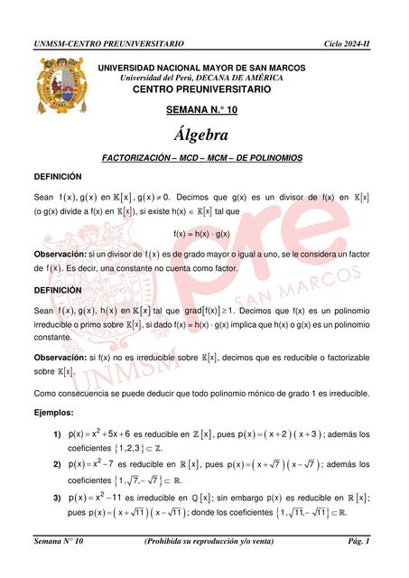 ALGEBRA SEMANA N10 CICLO ORDINARIO II | césar | uDocz