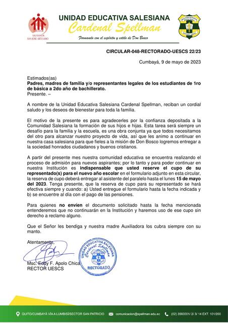 ncgppd CIRCULAR 048 RESERVA DE CUPO | María José | uDocz