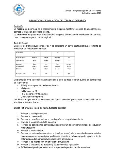 Protocolo de Inducción al Parto Hospital Interzona | Yesi Crd | uDocz