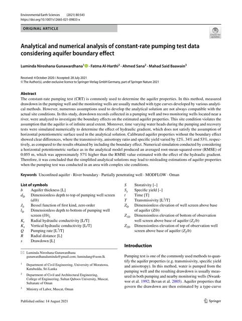 Analytical and numerical analysis ofconstant‑rate pumping test data ...