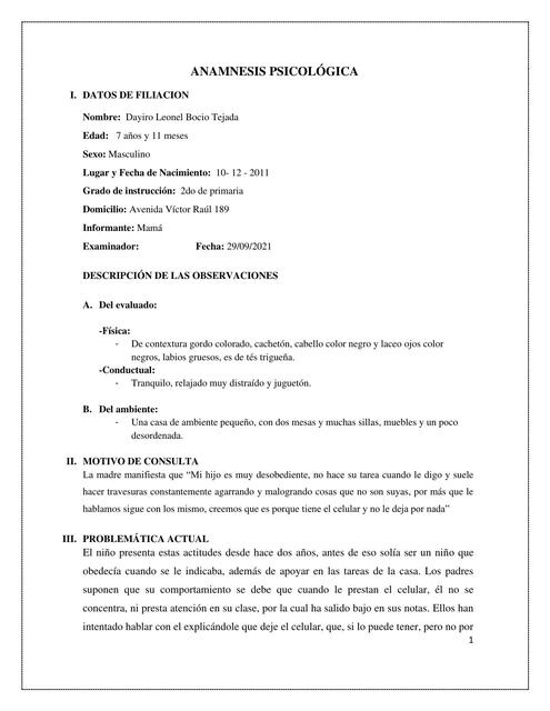 ANAMNESIS PRUEBAS PSICOLÓGICAS | Ana | uDocz